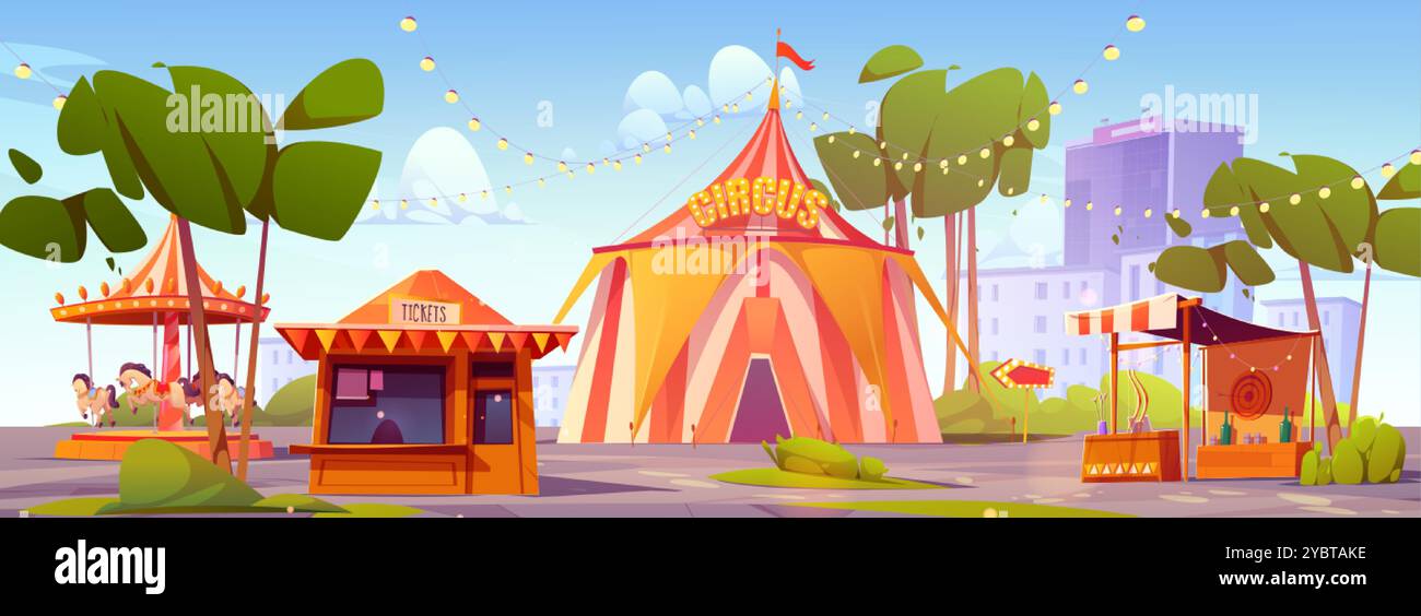 Circus tent in urban amusement park. Vector cartoon illustration of ...