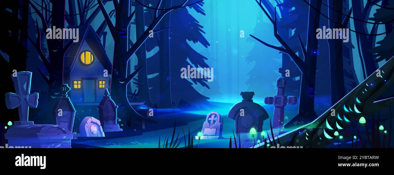 Spooky Halloween landscape with scary haunted house near stone tombs on ...