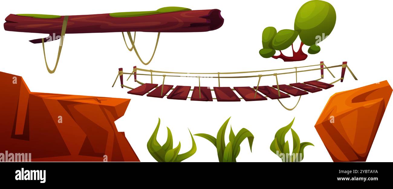 Wooden log and hanging rope bridge for danger cliff cross walkway ...