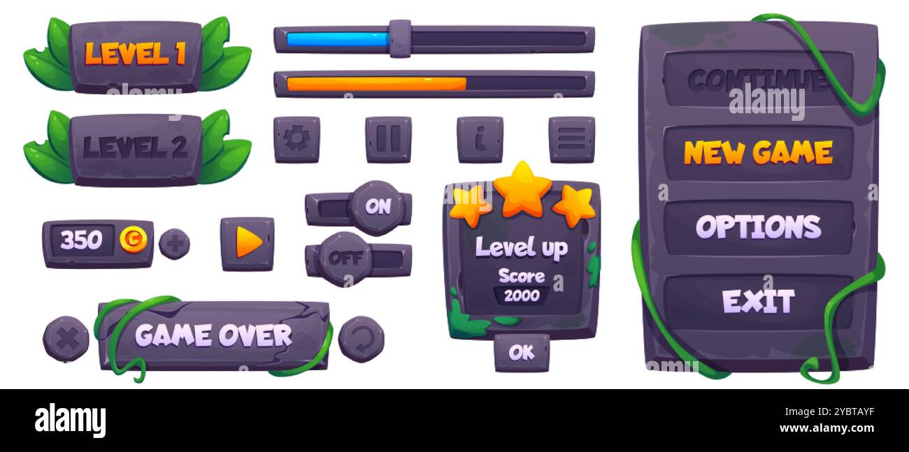 Jungle stone frame for cartoon game ui vector. Rock board and button icon element for aztec app ...