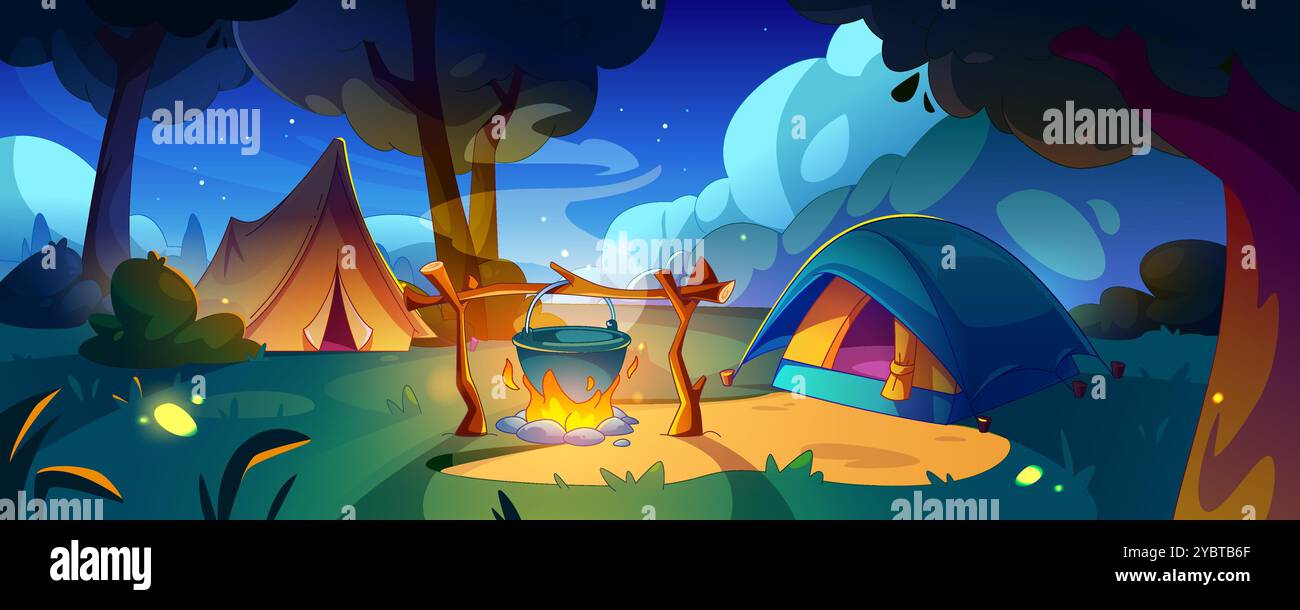 Night camp tent with fire in forest cartoon background. Outdoor summer ...