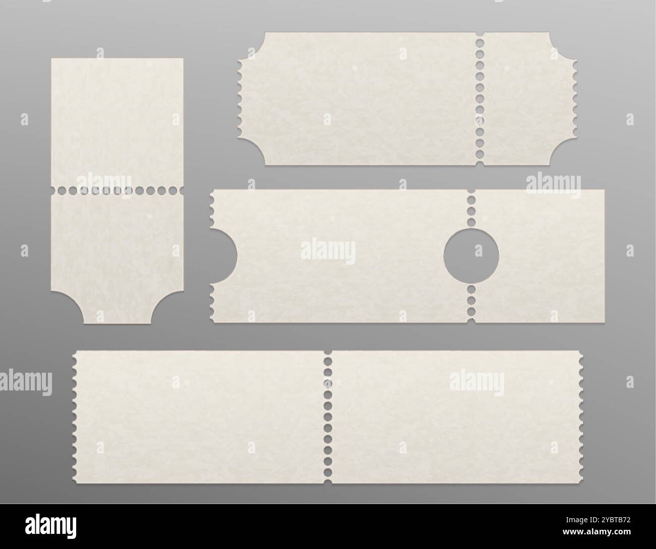 White textured coupon or ticket 3d mockup. Realistic vector illustration set of blank paper ...