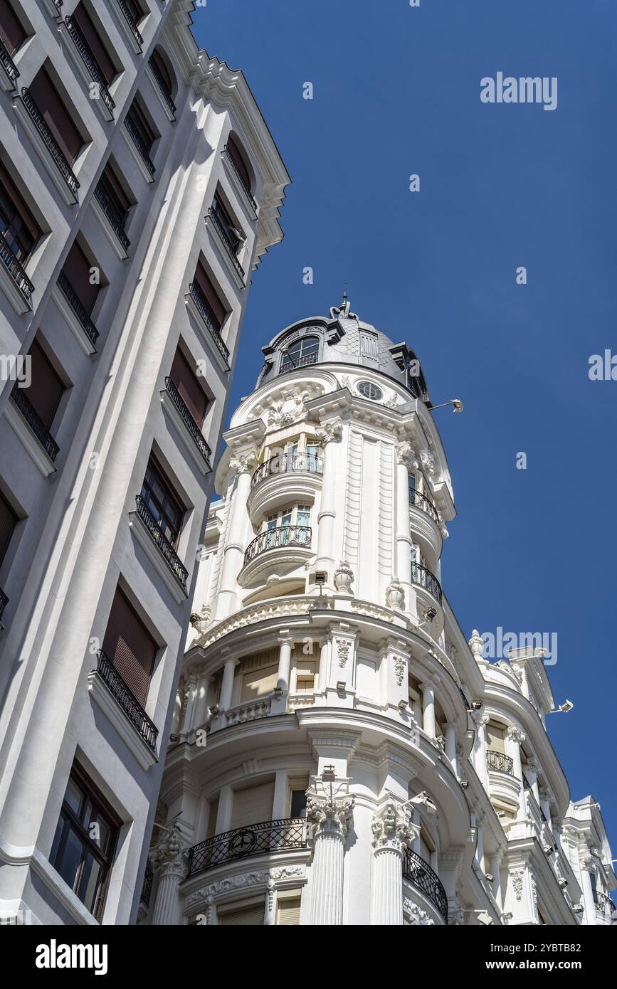 Historic residential buildings in Gran Via, the iconic avenue of Madrid ...