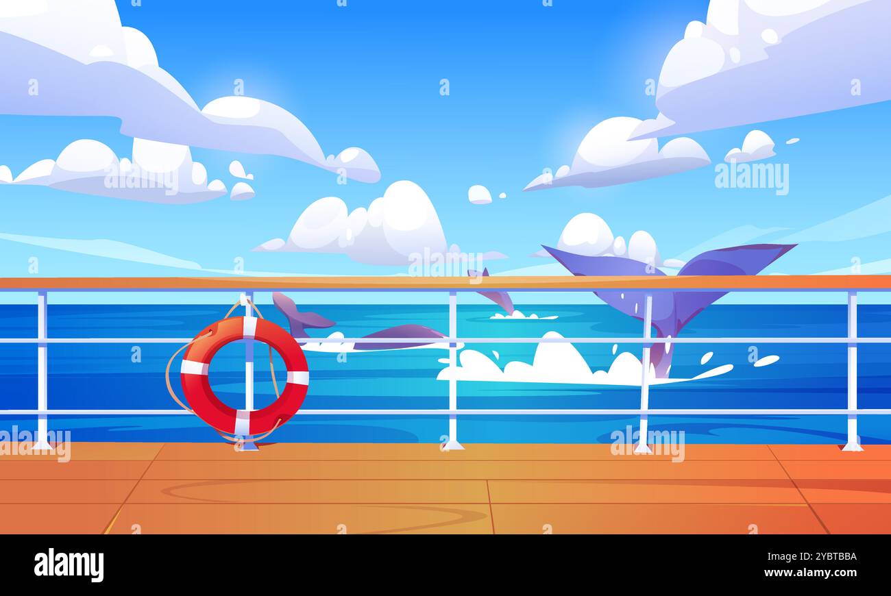 View from ship deck with wooden floor, railing and lifebuoy on sea or ...