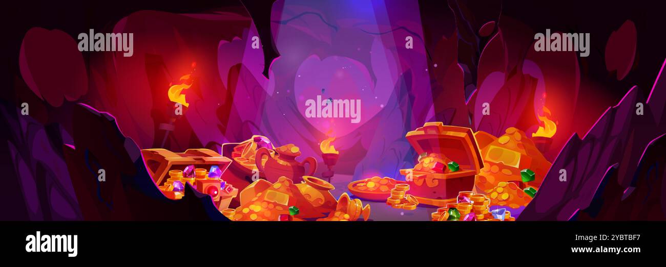Treasure cave with piles of gold. Vector cartoon illustration of dark ...