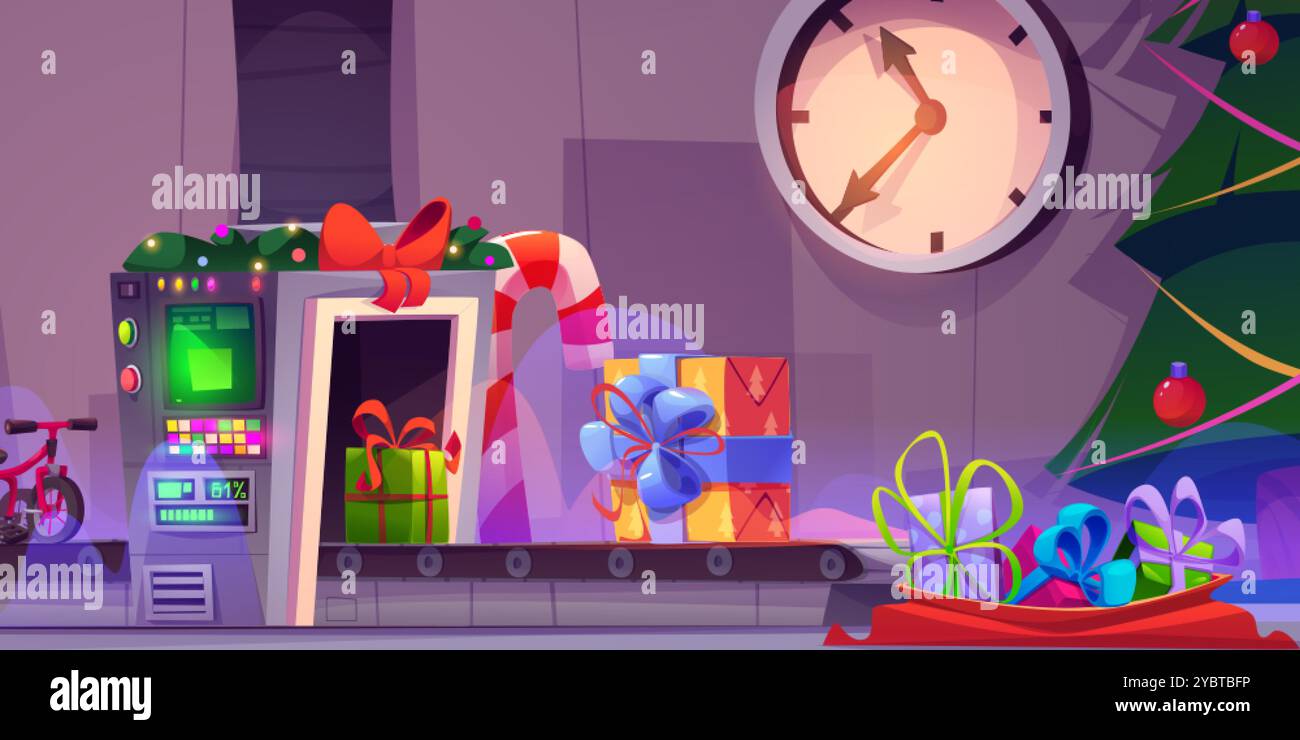 Christmas Santa Claus factory with wrapping gift boxes process on ...