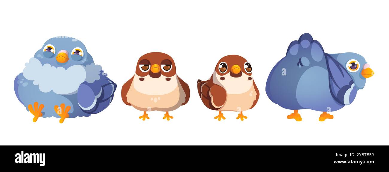 Cute pigeon and sparrow cartoon character. Vector illustration set of ...