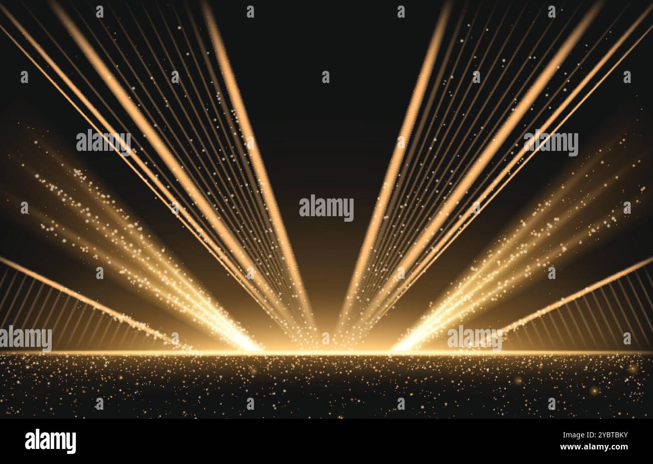 Golden light rays shining on black background. Vector realistic illustration of bright yellow ...