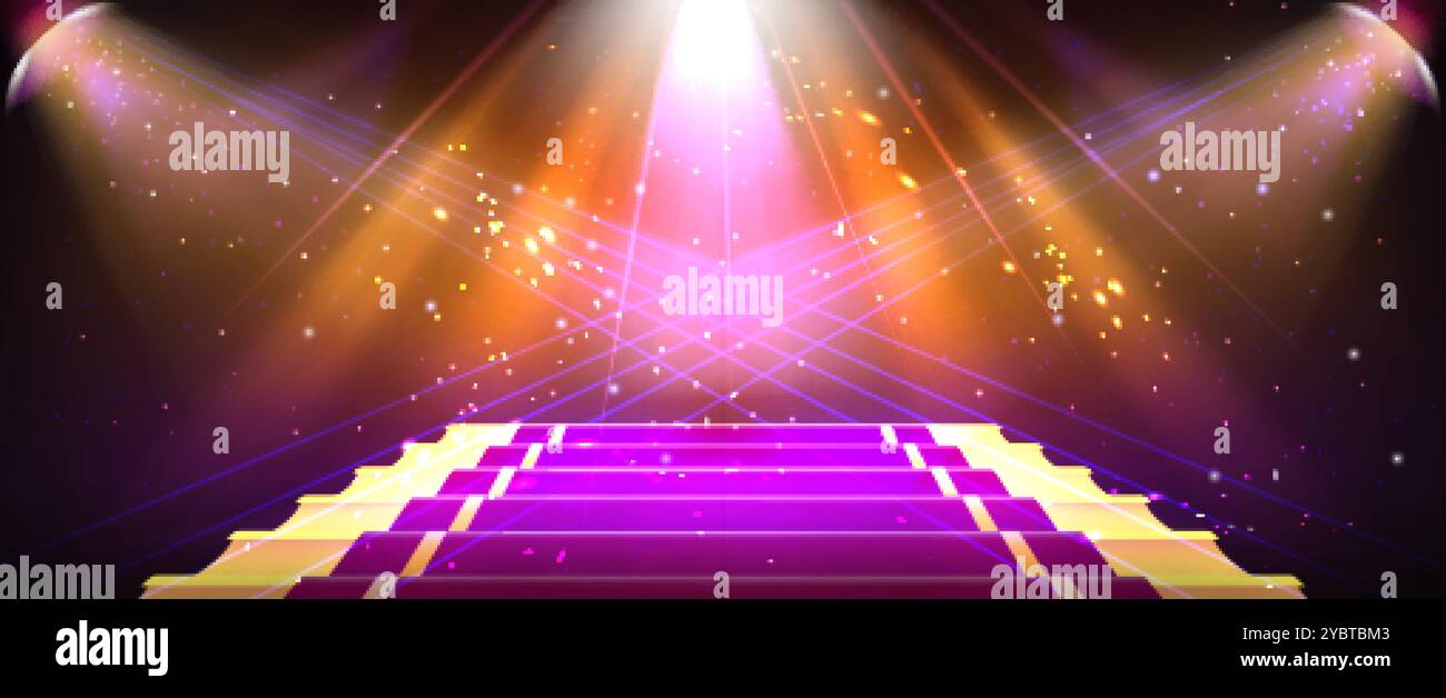 Concert stage stairs with spotlights and confetti. Vector realistic ...