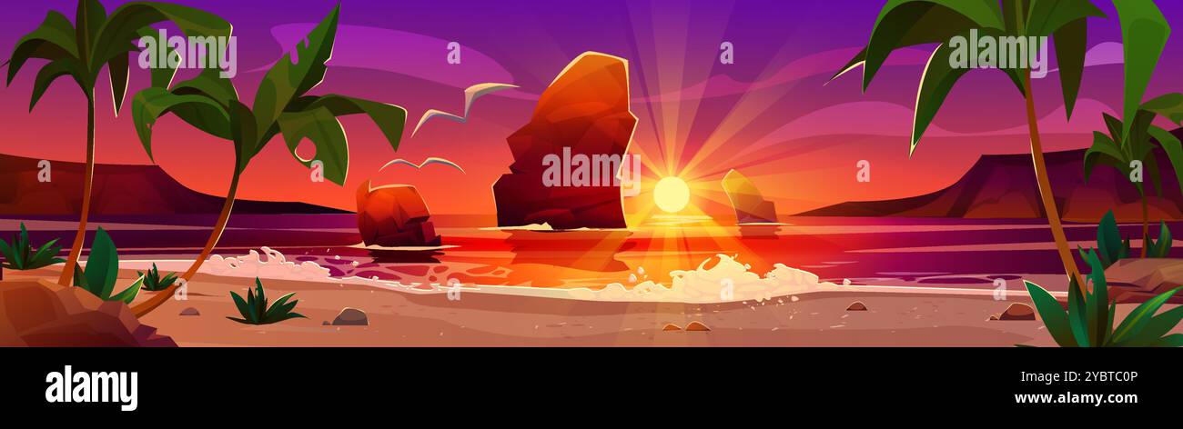 Tropical sunset sea beach with palm trees and rocks in water. Vector ...