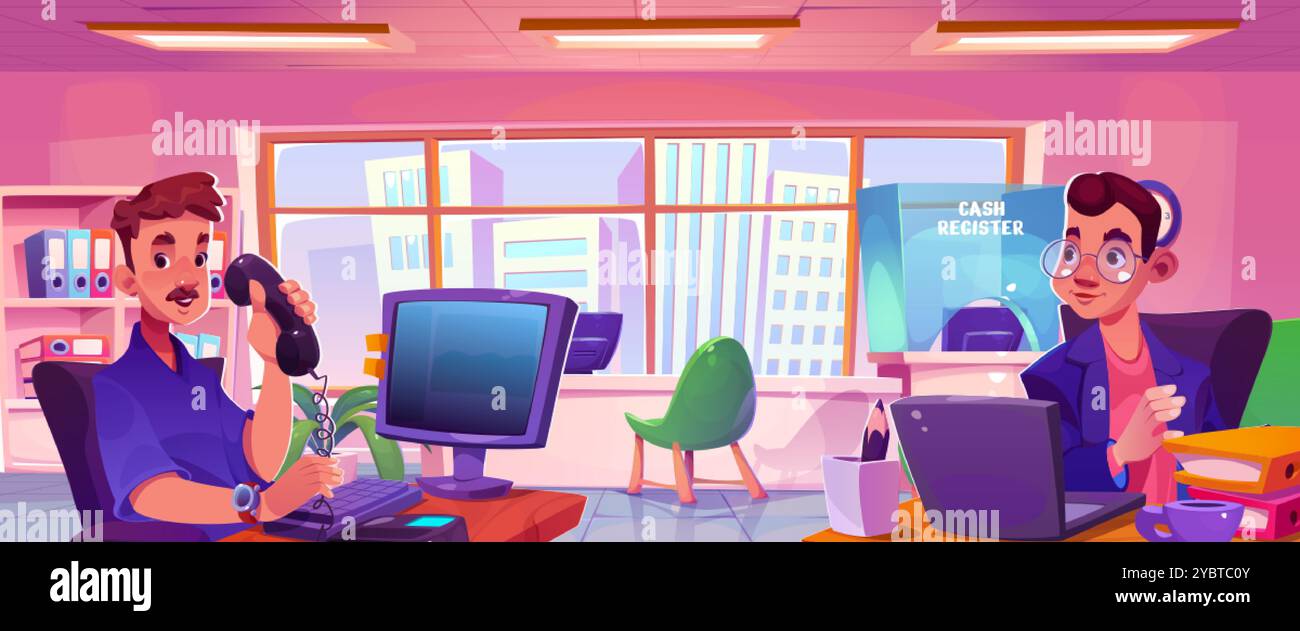People on workplace. Office interior with desk cartoon design. Computer ...