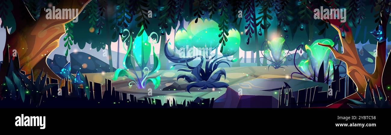 Magic forest with fantasy glowing flowers and plants. Cartoon vector ...