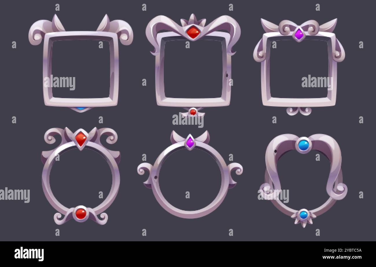 Silver fantasy medieval royal frame with gem stones for game ui design ...