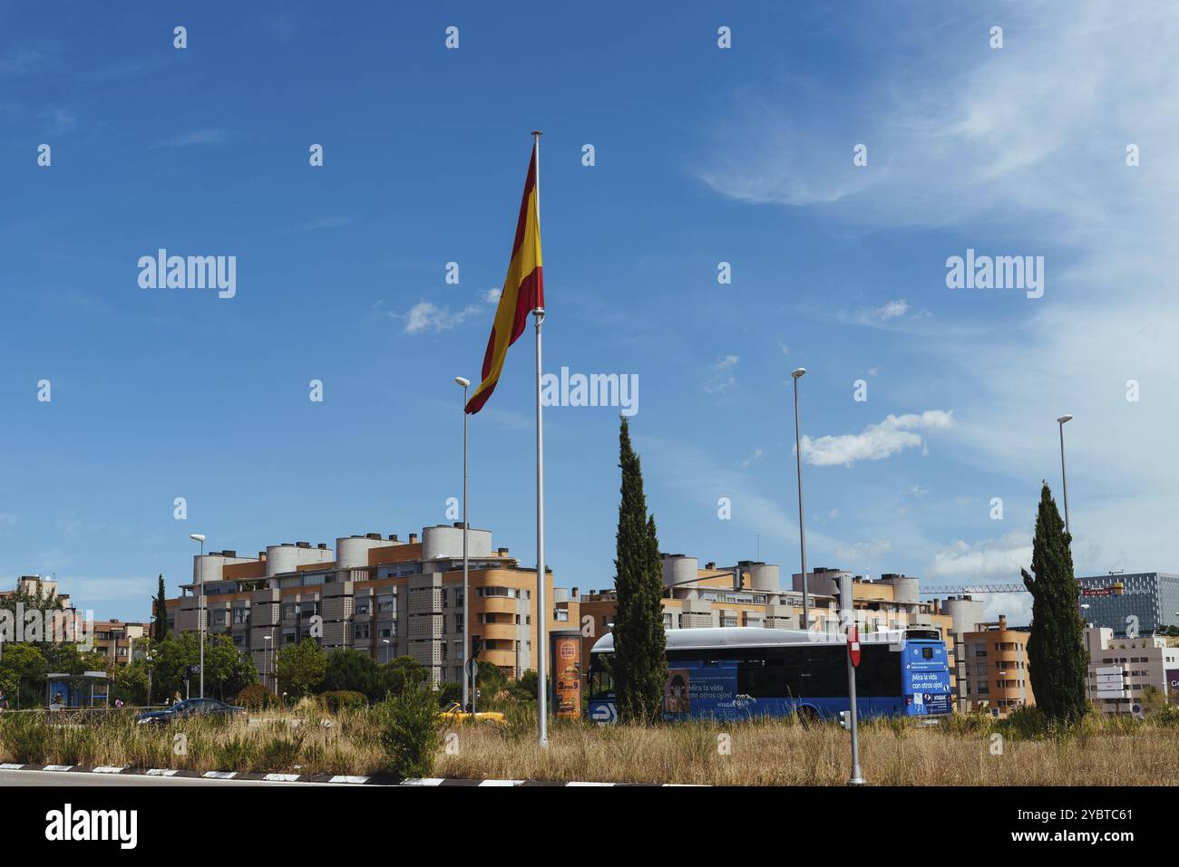 Madrid, Spain, June 19, 2021: Spanish flag waving in the street in Las ...