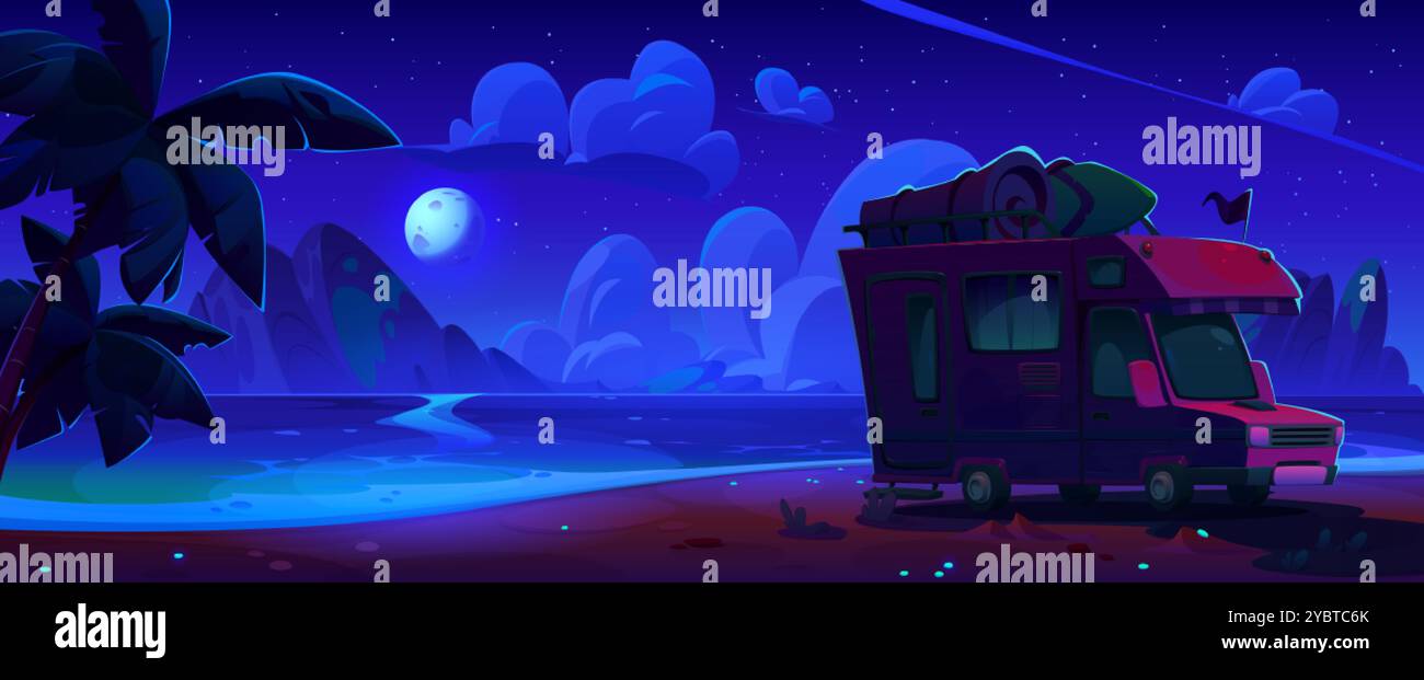 Camper van standing on sea beach with palm trees, sand shore, calm water and stones at night ...