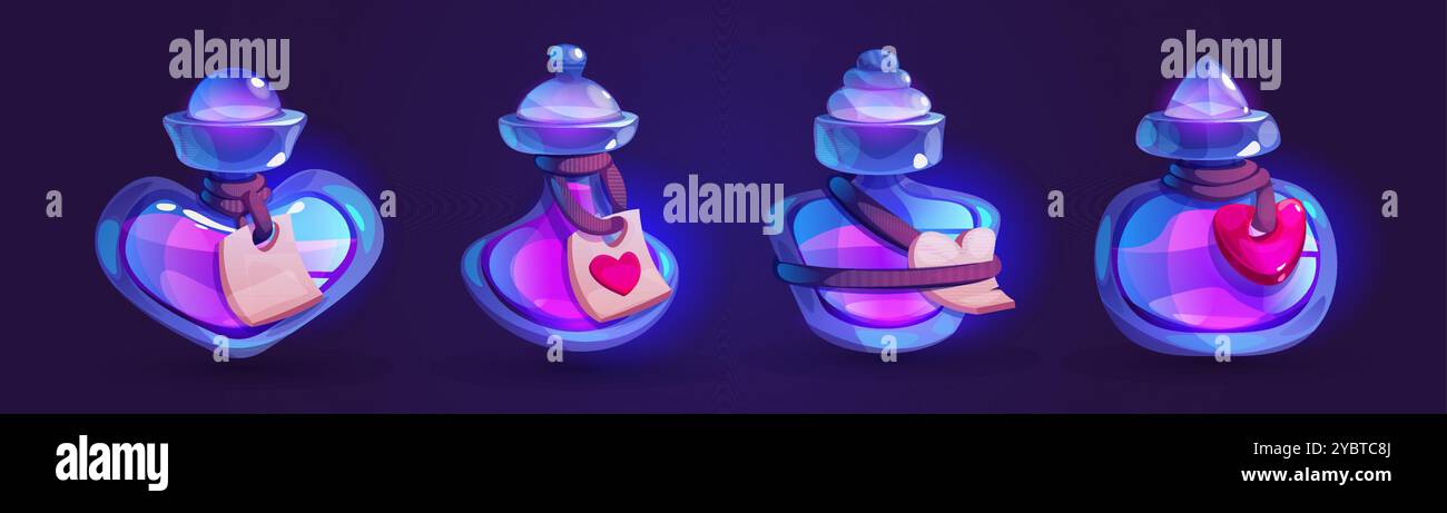 Magic glowing love potion in heart shaped glass bottle with labels ...
