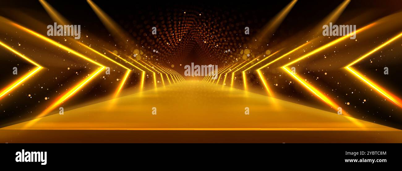 Gold colored stage runway with neon arrow lamps and spotlight for ...