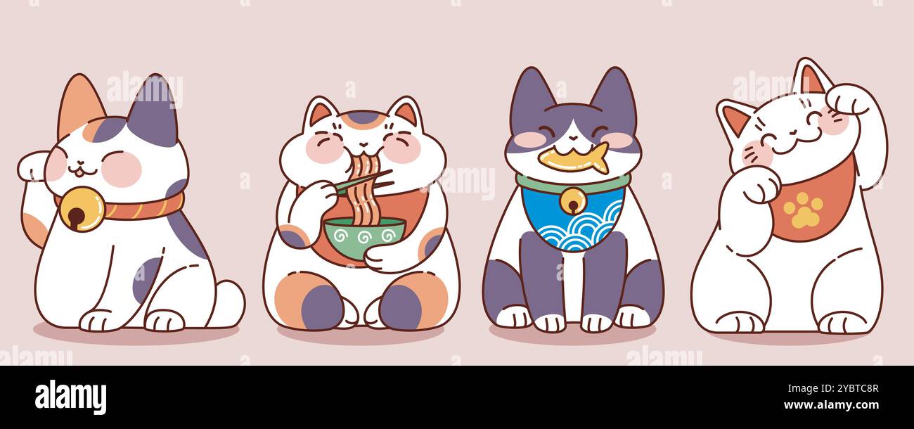 Japanese lucky cat in different poses - waving paw and eating noodles ...