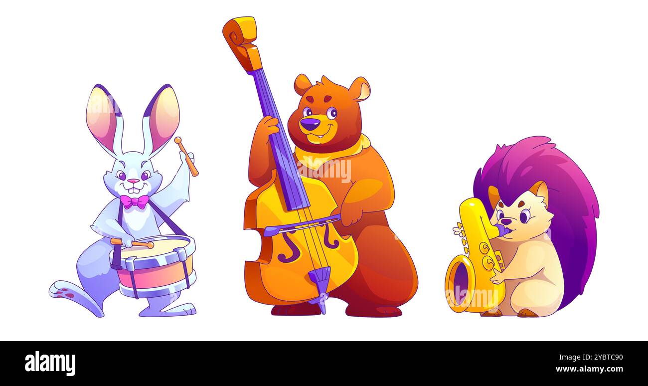 Cute bunny, bear, hedgehog playing music set isolated on white ...