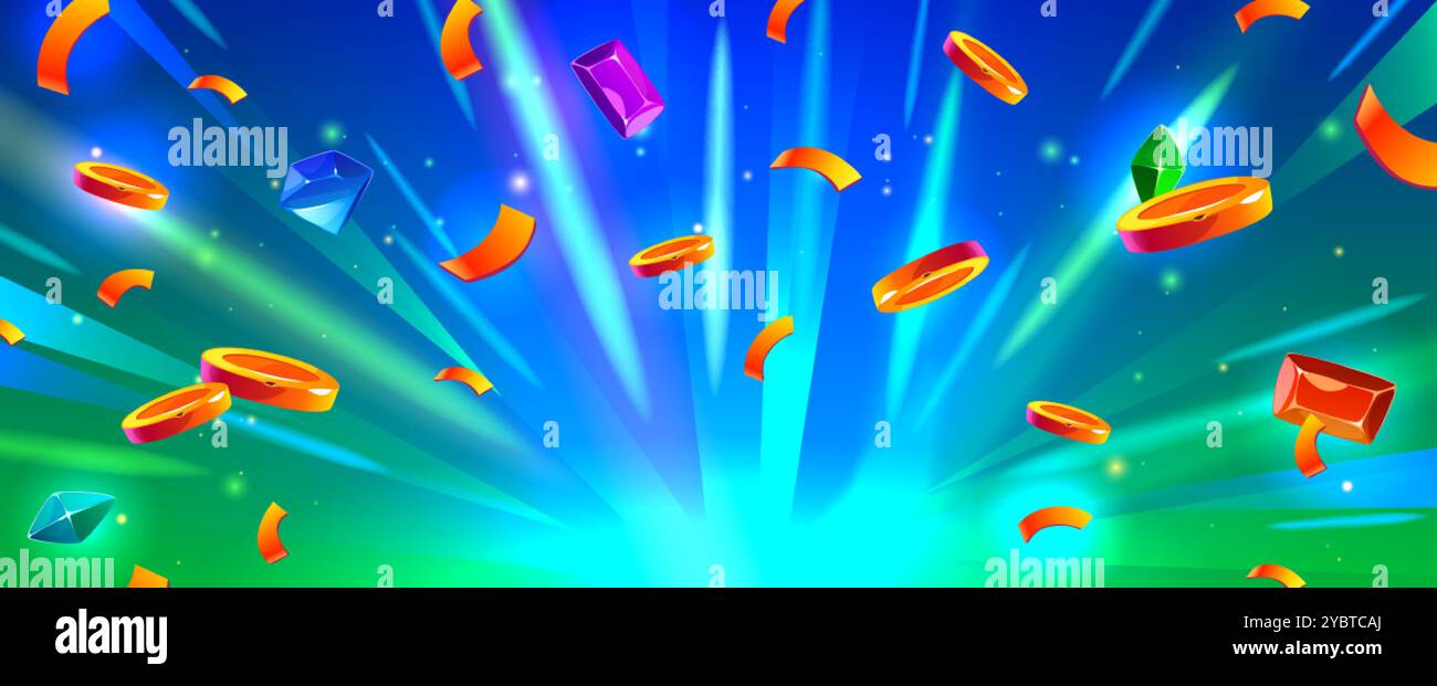 Golden coins and confetti flying on color background. Vector cartoon ...