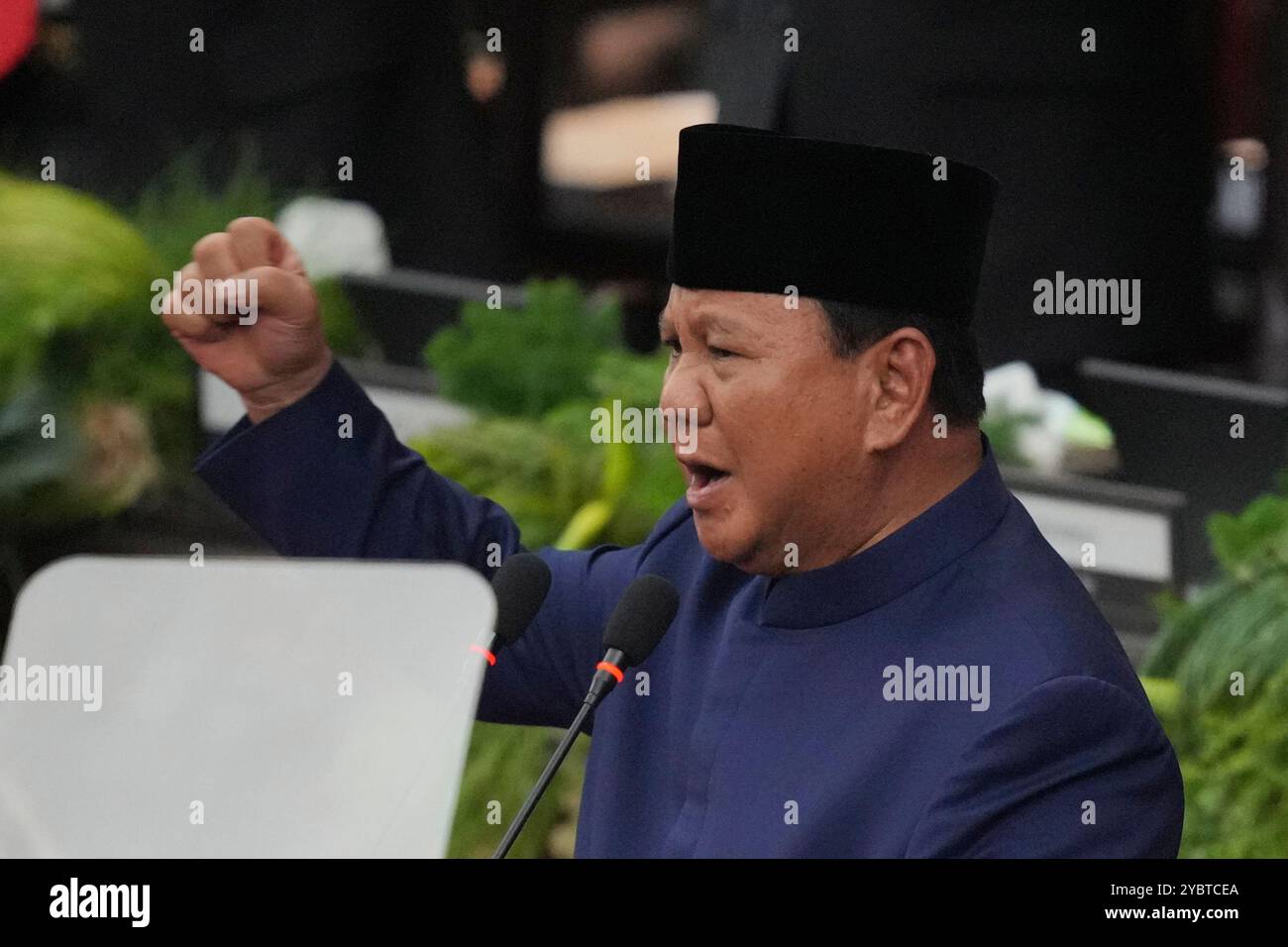 Indonesia's newly-inaugurated Indonesian President Prabowo Subianto delivers a speech during the ...