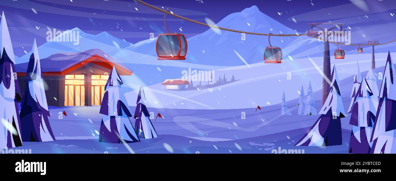 Winter mountain resort with cable cars at night. Vector cartoon ...