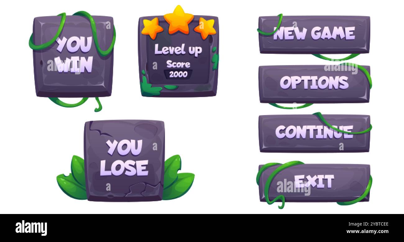 Stone buttons set for game ui design. Vector cartoon illustration of ...