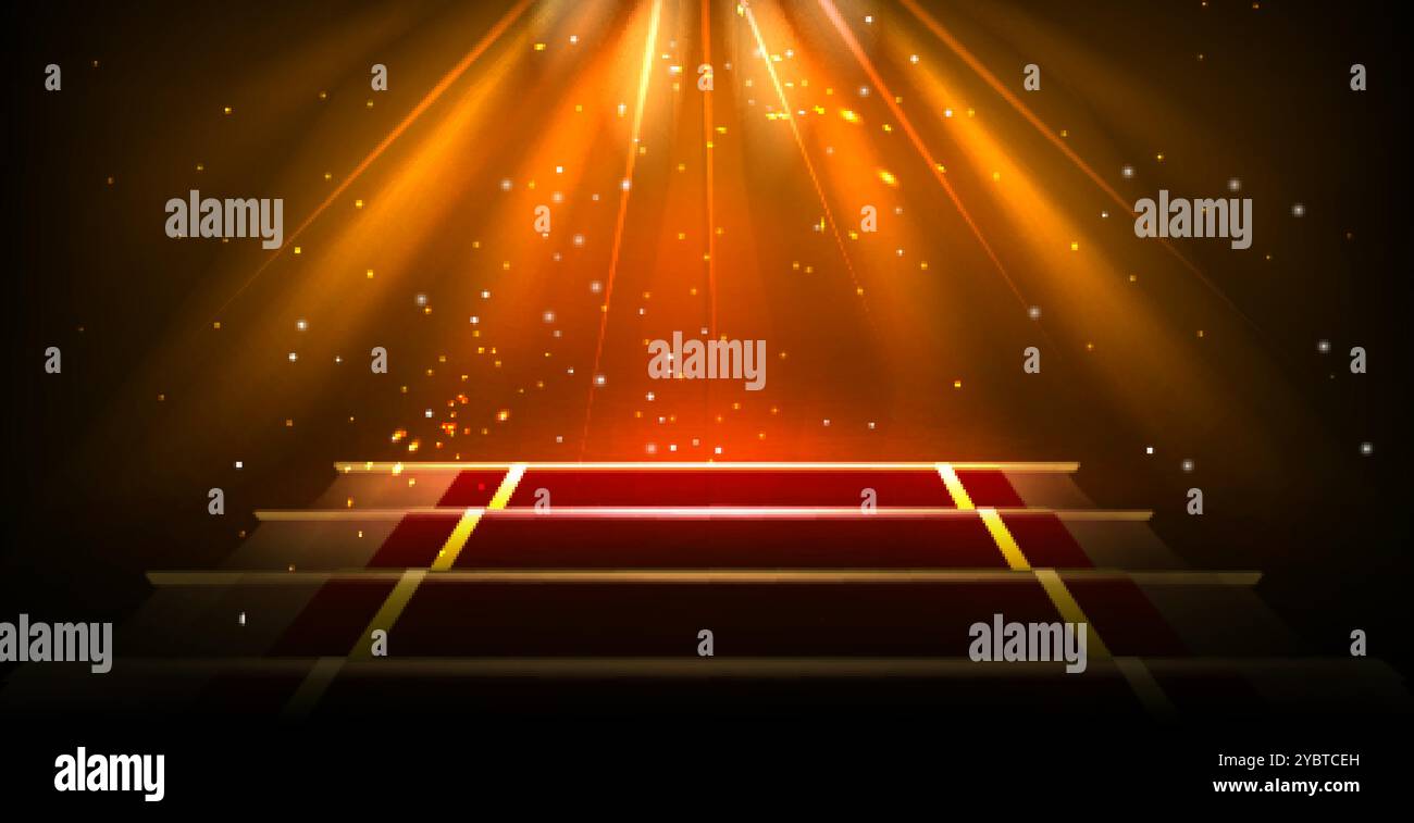 Stage podium with red carpet on stairs, golden spotlight and sparkles ...