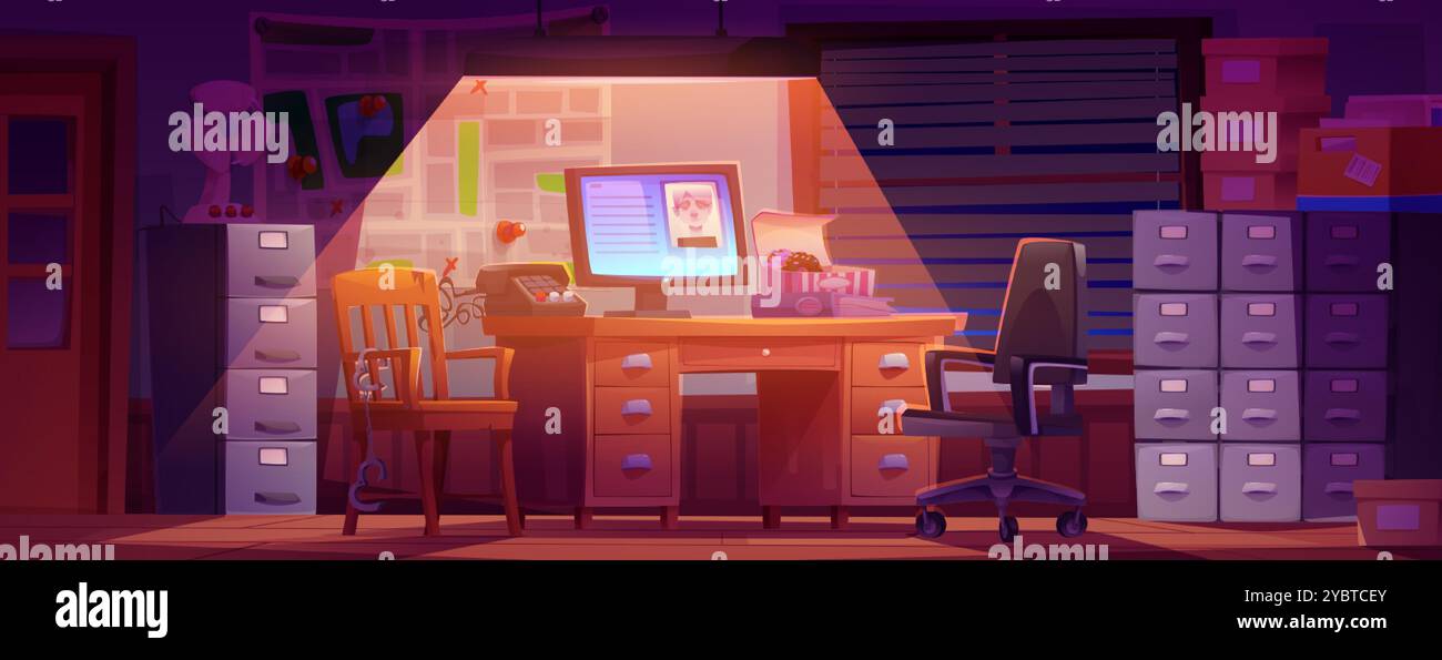 Detective office interior at night. Vector cartoon illustration of dark ...