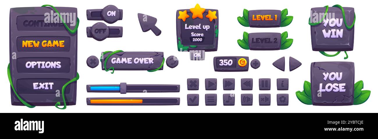 Game ui design kit of borders, plates and buttons with stone texture ...