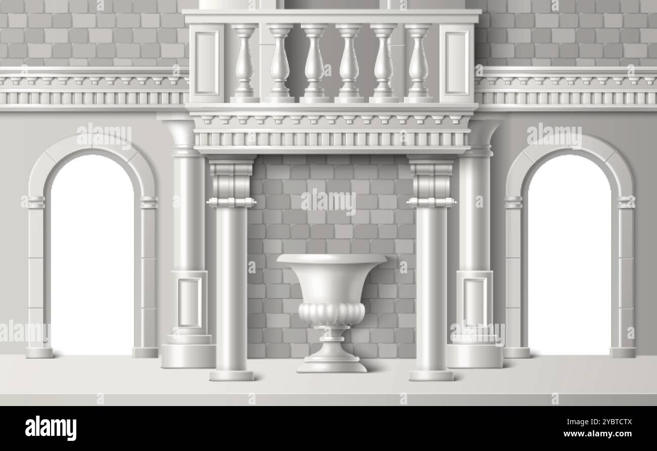 Building brick wall with white classic gypsum roman columns, arch door ...