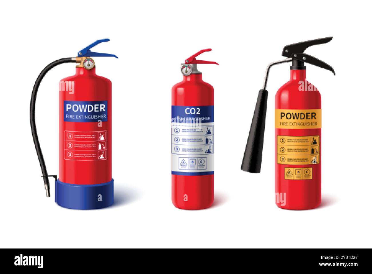 Realistic red fire extinguisher with sprayer and labels for ...
