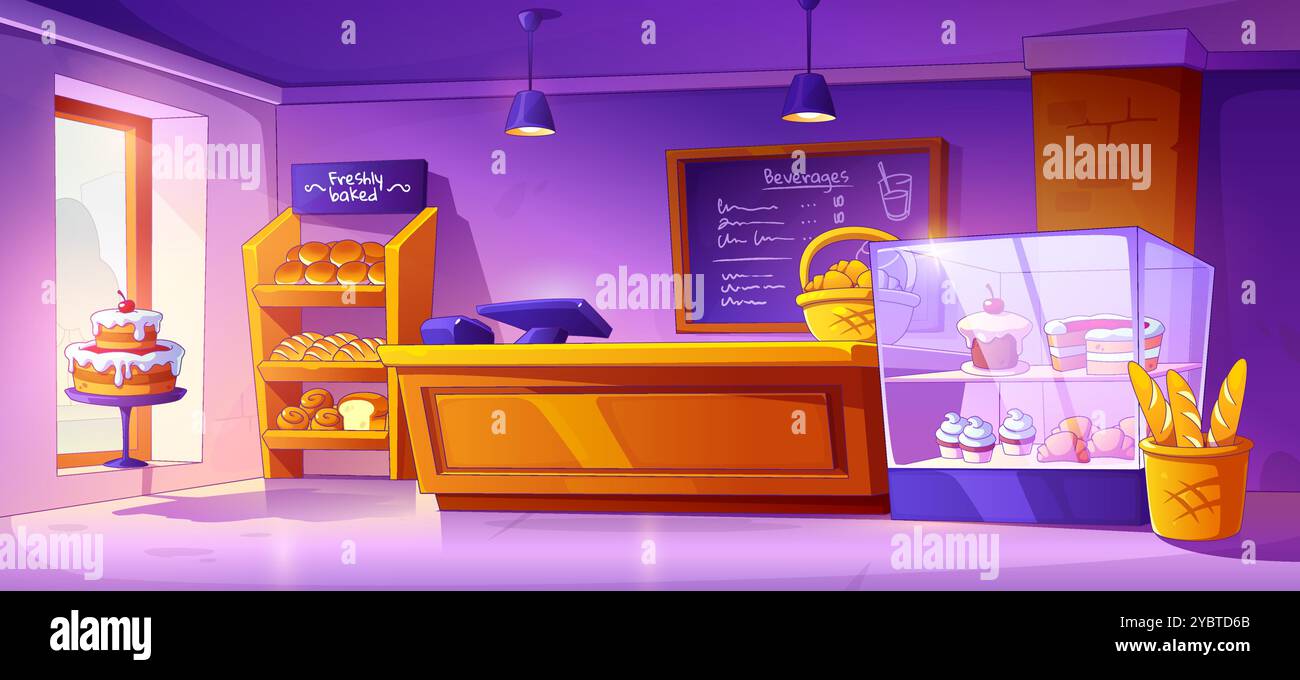 Bakery shop interior with counter and cake vector. Cafeteria inside ...