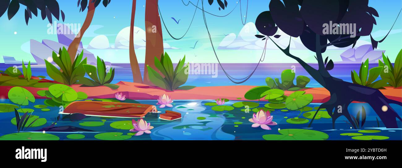 Jungle lake with lotus flowers. Vector cartoon illustration of ...