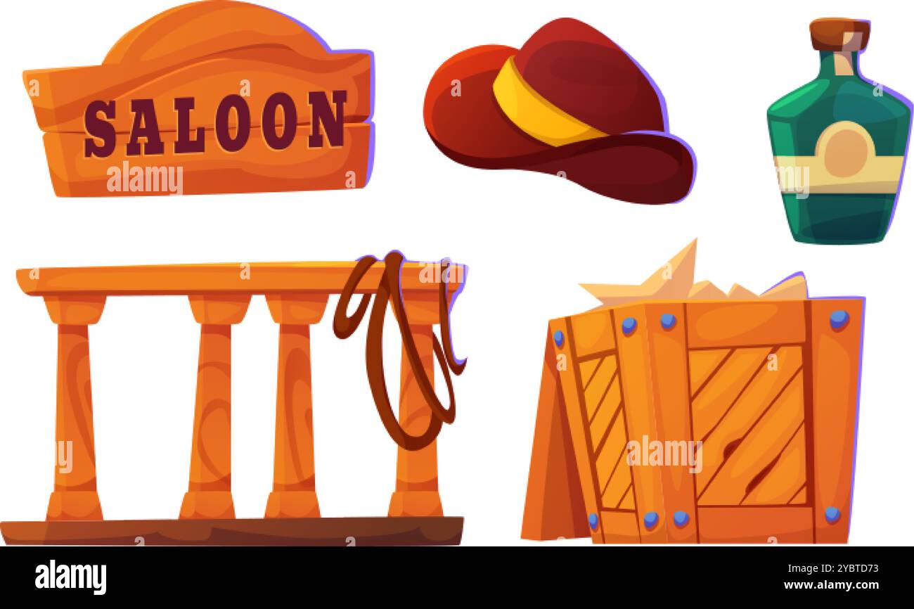 Western saloon design elements set isolated on white background. Vector ...