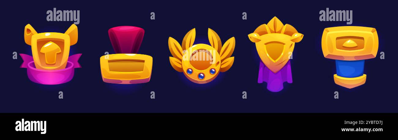 Gold achievement, level up and rank badge for game ui design. Cartoon ...