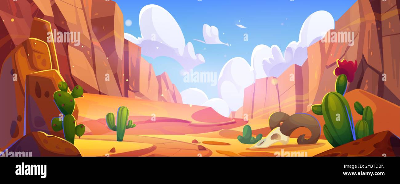 Arizona desert landscape with rock cliff mountains, green cactuses and ...