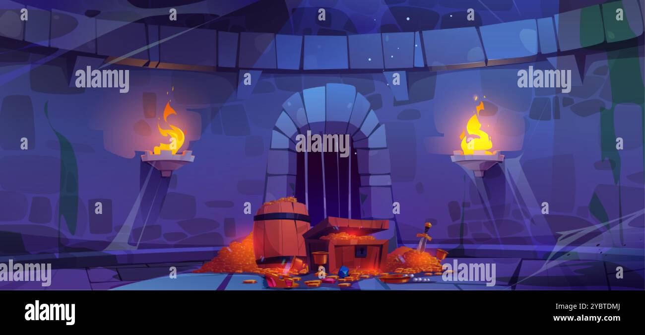 Medieval castle dungeon with stone walls, grid gates entrance, torch ...