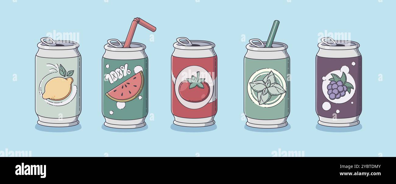 Open tin can with fruit, berry and vegetable fizzy soda and straw. Cute ...