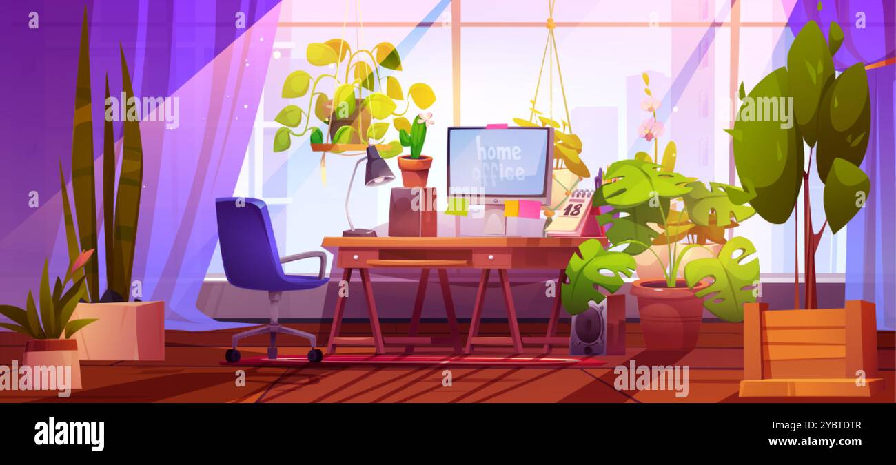 Home office workplace with green plants. Vector cartoon illustration of room interior with ...