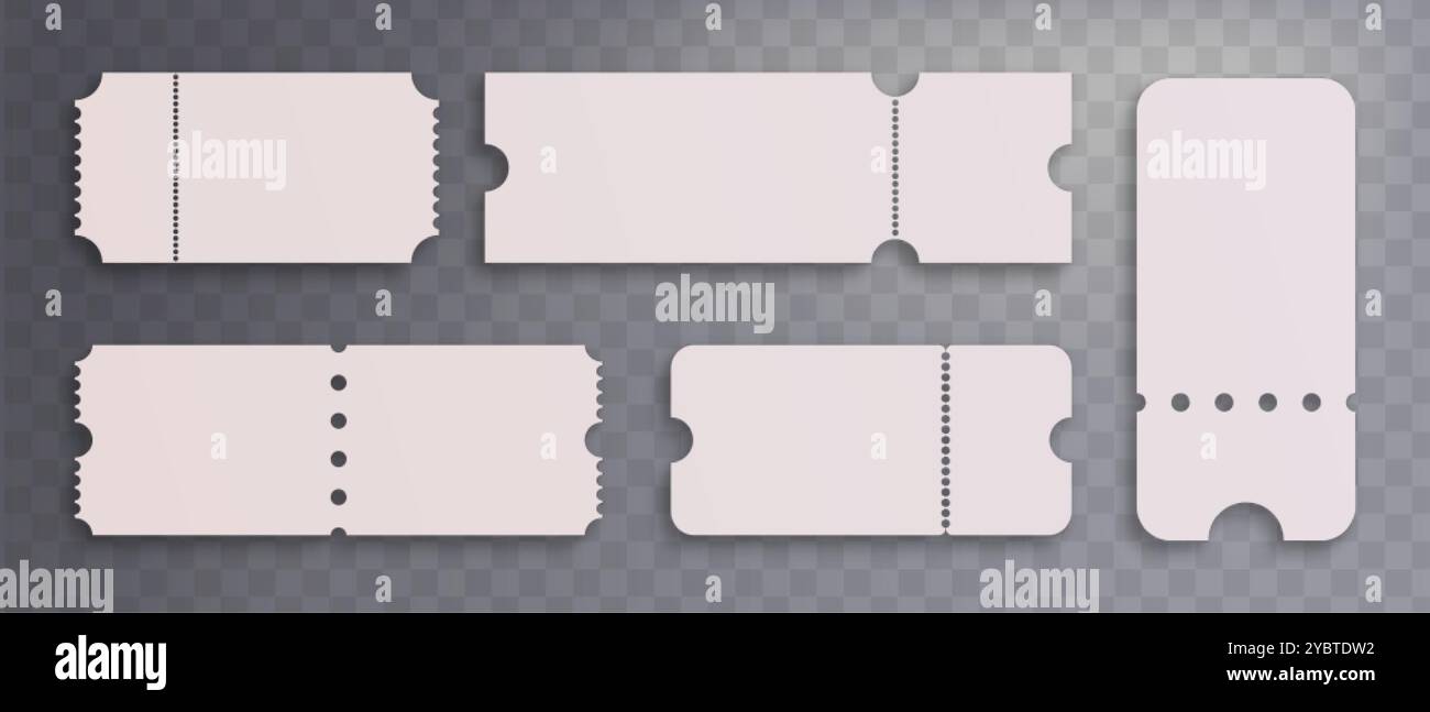 Blank entry tickets set isolated on transparent background. Vector realistic illustration of ...