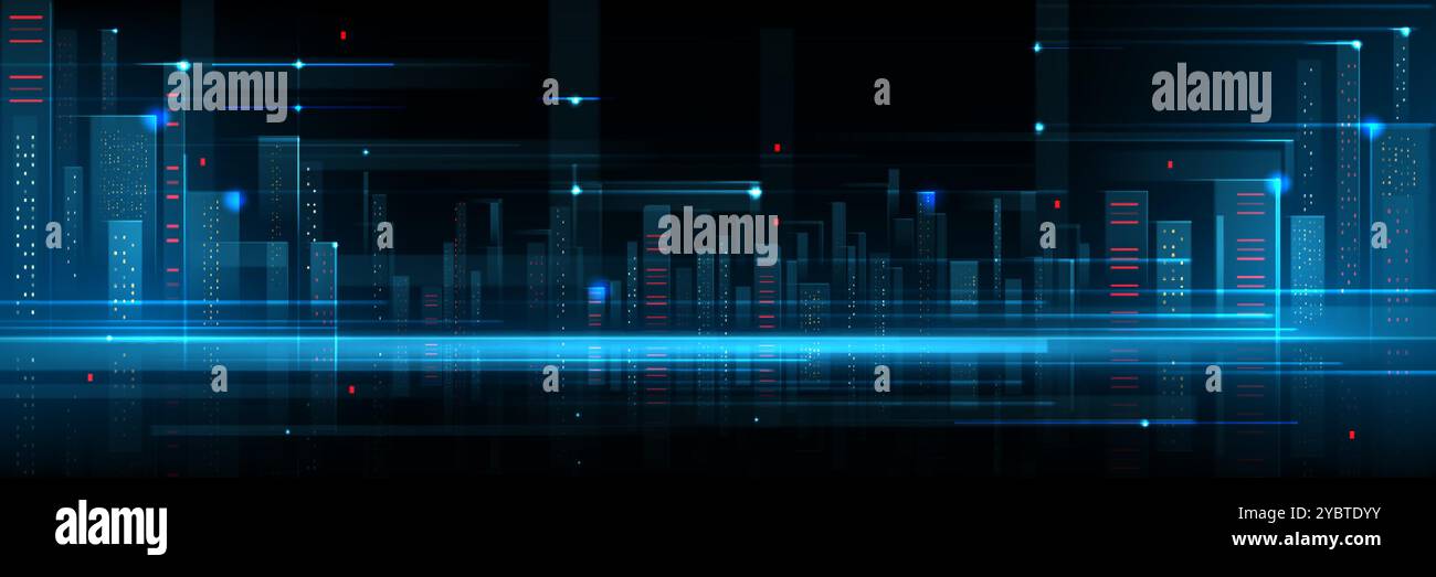 Abstract futuristic background with tech city. Skyscraper constructions ...