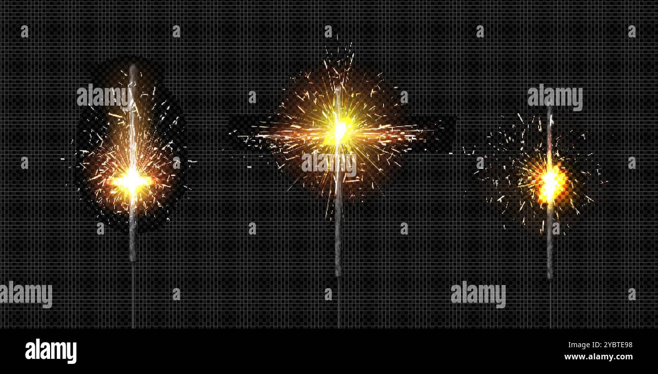 Sparkler candle light and bengal firework isolated vector. Birthday or diwali party realistic ...