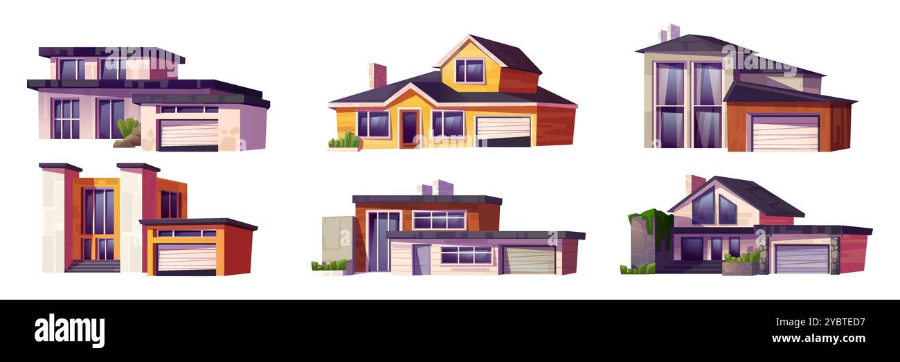 Front villa exterior. Modern suburban mansion cartoon. Roof, garage ...