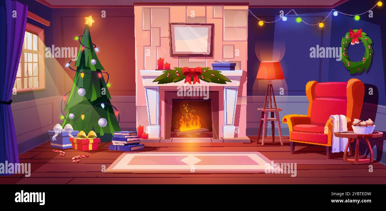 Christmas living room with fireplace. Vector cartoon illustration of ...