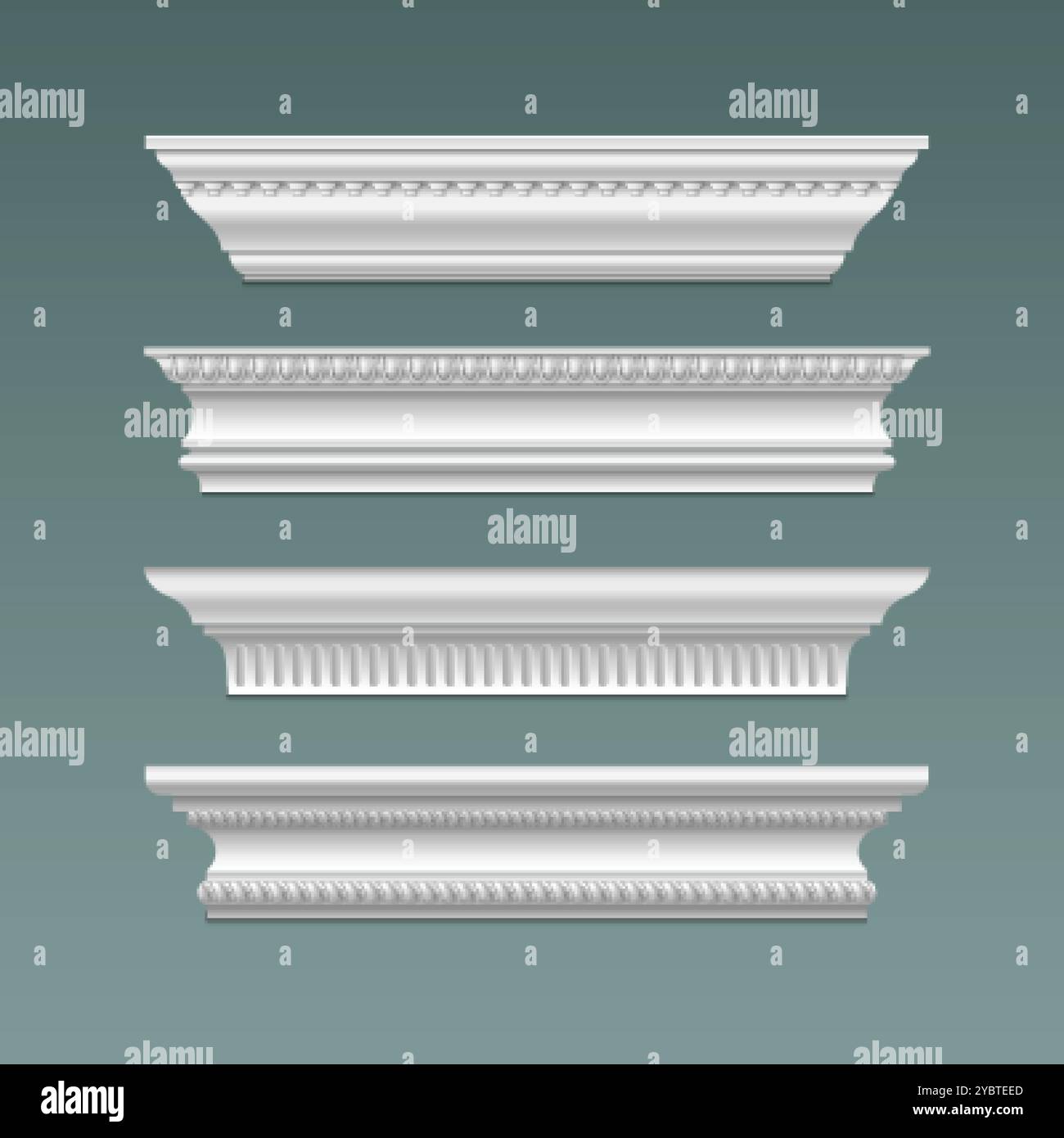 Wall and ceiling white classic gypsum cornice with ornament. Realistic ...
