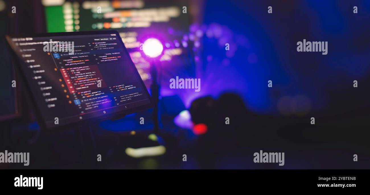 Working atmosphere of a programmer at home, background. Programming code abstract Stock Photo ...