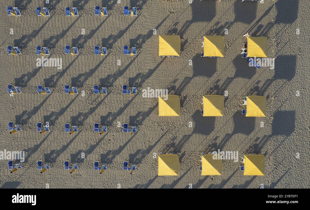 Aerial view of the Tuscan Versilia beach photographed from above in the ...