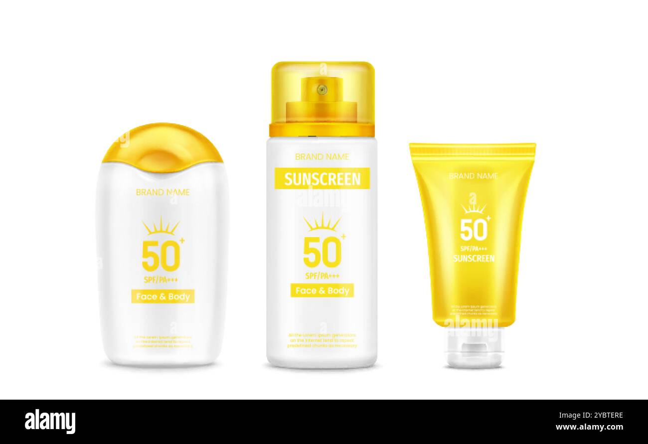 Sunscreen cream bottle and tube with yellow cap. Realistic 3d vector ...
