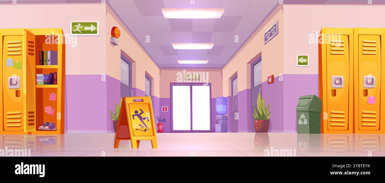 Empty school corridor with closed and open locker with student books ...